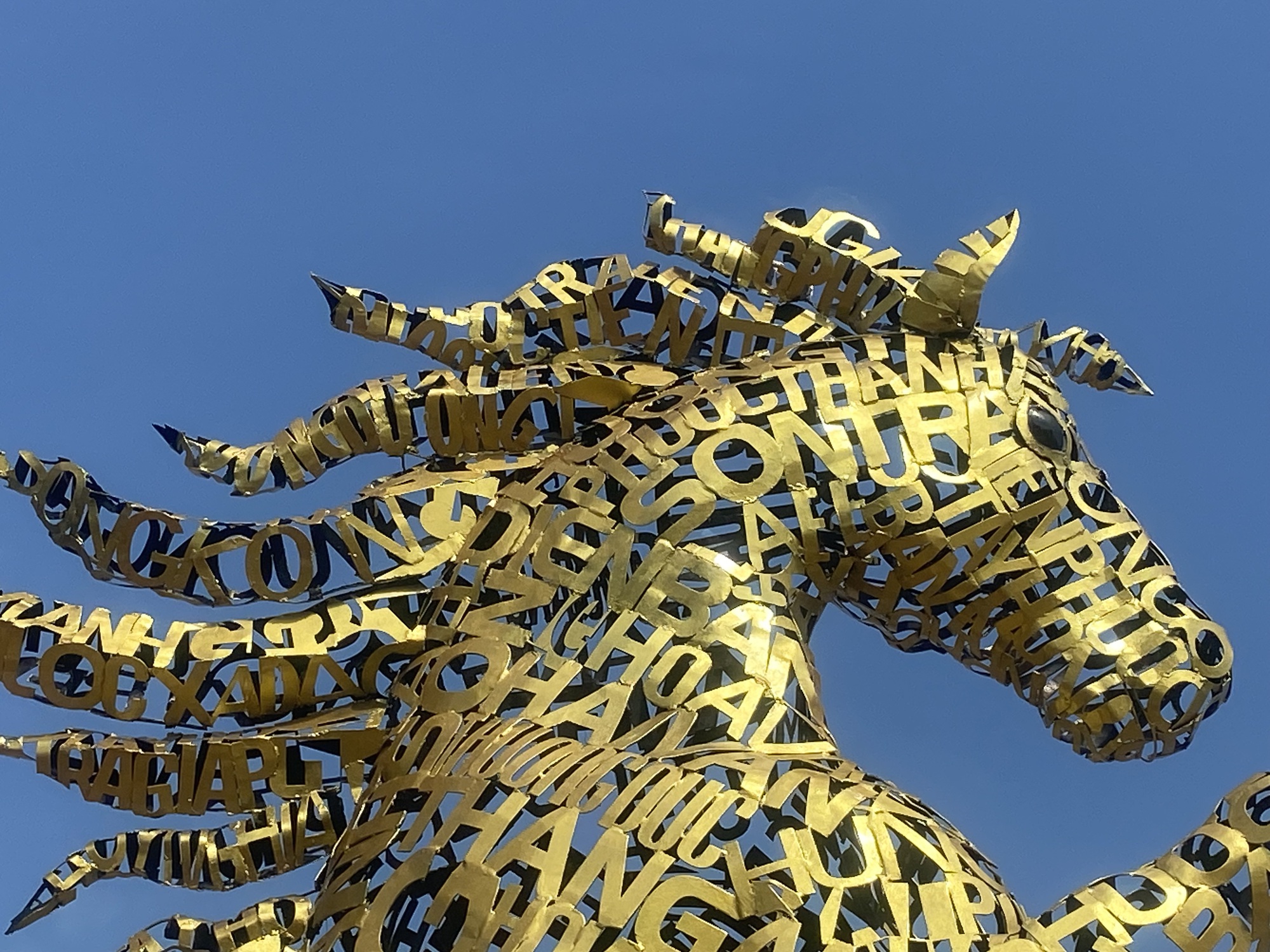 A close-up view of the horse mascot, formed from the names of 94 ...